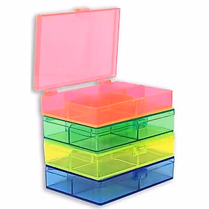 BIN BUDDY Set of 4 | Colored Transparent Plastic Boxes | 4.5" (11.4 cm) x 3" (7.6 cm) x 1" (2.5 cm) | Hinged Lids, 5 Internal Sections | For Crafts, Sewing