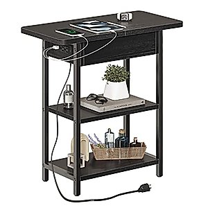 TILLMAO Narrow End Table with Charging Station, Side Table with Storage for Small Spaces, Flip Top Nightstand/Bedside Table/Sofa Couch Table/Slim End Table for Living Room Bedroom Office…