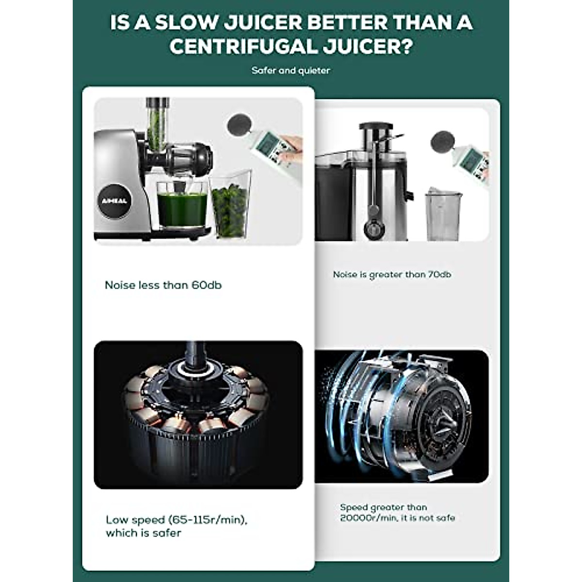 Juicer Machines, Aiheal New Generation Celery Slow Masticating Juicer Extractor Easy to Clean with Brush, Cold Press Juicer with Quiet Motor & Reverse Function for Fruits & Vegetables, Recipes