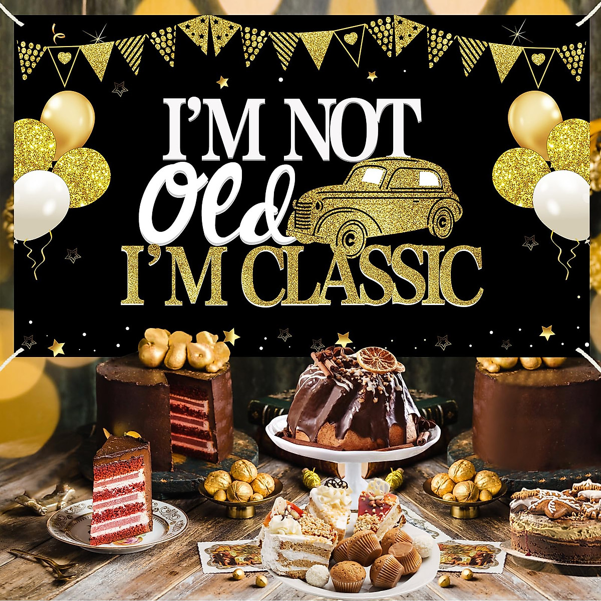 Funny Birthday Decorations for Men I'm Not Old I'm Classic Backdrop,Black Gold Funny Classic Car Happy Birthday Backdrop Party Supplies for Adults,30th 40th 50th 60th 70th 80th 90th Bday Party Poster