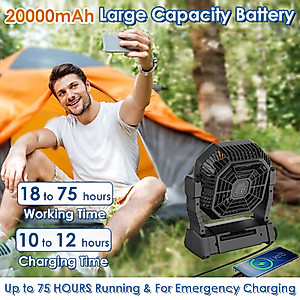 COZII 20000mAh Battery Operated Fan - Camping Fan Rechargeable with 3 Colors Light, 4 Speeds, 4 Timing, Adjustable Head, Portable Battery Powered Tent Fan with Hanging Hook for Picnic, BBQ