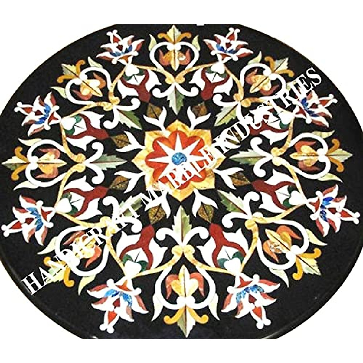 Black Marble Inlay Coffee Table Top, Pietra Dura Dining Table Top, Stone Inlaid Wall Decor, Centre Piece, Piece Of Conversation