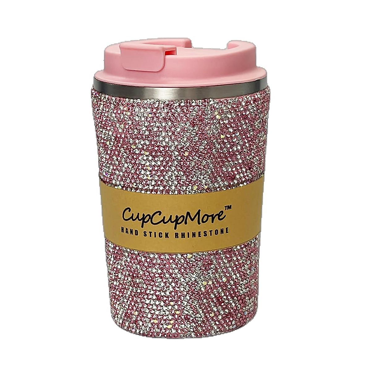 Cupcupmore 12 oz Bling Pink&White Rhinestone Stainless Steel Coffee Tumbler,Shiny Travel Insulated Coffee Mug with Lid, Reusable Spill Proof Coffee Cup,Portable Thermal Mug for Hot and Cold