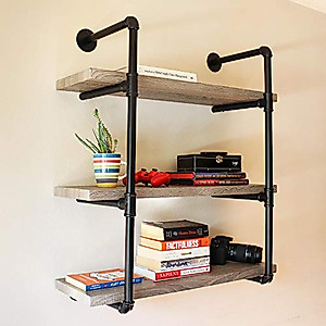 Sunnydaze 3-Tier Wall-Mount Bookshelf - Industrial Pipe Style Frame with Veneer Floating Shelves - Holds Books, Media, Storage Cubes, DVDs and More - Oak Gray