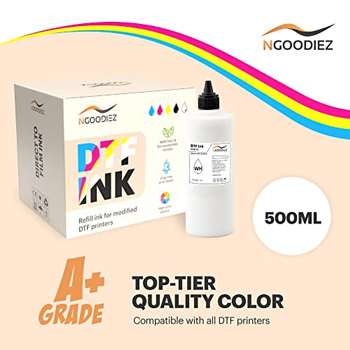 NGOODIEZ DTF Ink White - Premium DTF Refill Ink for Heat Transfer Film Printing for Epson & All Desktop DTF Printers L1800 L805 R1390 5113 XP600 I3200 DX5 DX7 4720, Strong Whiteness (White, 500ml)