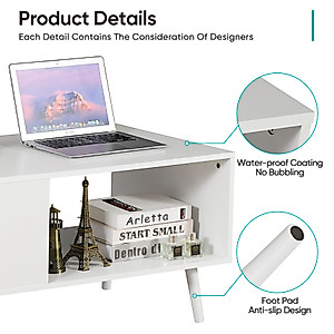 ZenStyle Mid Century Modern Coffee Table, Wooden Retro Coffee Table with Open Storage Shelf for Living Room, Reception, Easy Assembly (White)