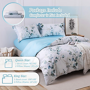 MILDLY 100% Long-Staple Cotton Duvet Cover Set Baby Blue Teal Gradient Leaf Pattern Printed Comforter Cover 3pcs, Ultra Soft & Breathable Bedding Set