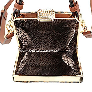 Crocodile Ostrich Snake Leopard Frame Small Vegan Leather Handle Clutch Purse (Matte Leopard Print - Brown/Red)