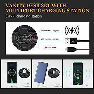 LVSOMT Vanity Desk with 3-Color Touch Screen Lighted Mirror, Makeup Vanity Table Set with Lights & Charging Station, 4 Drawers, Dressing Table with Stool for Women Girls (Wood-White)