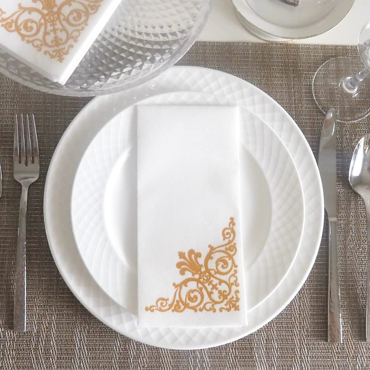 100 Bathroom Paper Hand Towels - Linen-Feel Guest Towels, Disposable Cloth Dinner Napkins, Ideal for Wedding Reception,Party Or Kitchen, White And Gold 12"x 17"