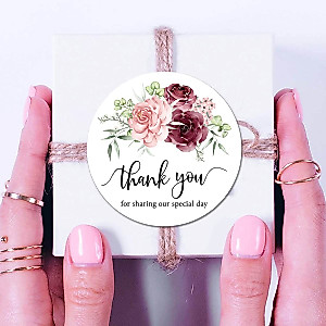 Burgundy Floral Thank You Stickers, 2 Inch Wedding Bridal Baby Shower Party Labels 40pack