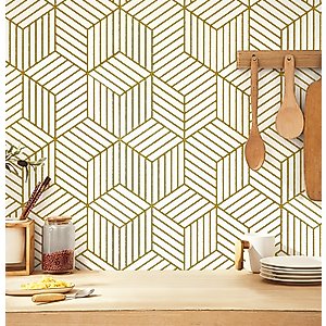 Geometric Wallpaper Peel and Stick Wallpaper Removable Self Adhesive Wall paper White/Gold Striped Hexagon Contact Paper for Cabinets Shelf Drawer Liner Renter Friendly Vinyl Roll 17.7"x118.1" Upgrade