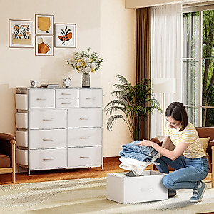 YaFiti 10 Drawer Dresser, Chest of Drawers for Bedroom, PU Dresser with Side Pockets, Hooks, Wooden Top and Sturdy Metal Frame for Living Room, Closet, Hallway (White)