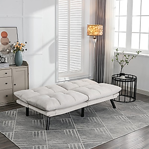 Convertible Memory Foam Futon Couch Bed, Leather Futon Sofa Bed, Folding Modern Sleeper Sofa with Quick Adjustable Armrest and Backrest for Studio Apartment/Home Office/Small Space (Black) (Beige)