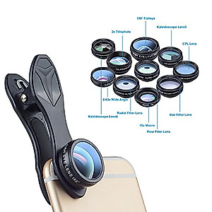 Apexel 10 in 1 Phone Camera Lens Kit Wide Angle/Macro/Fisheye/Telephoto/CPL/Flow/Radial/Star Filter/Kaleidoscope Lens for iPhone and Most Phone