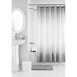 FamiPod Shower Curtain Liner Gray, 17-Piece Gray Weave Polyester/Ceramic Bathroom Accessory Set