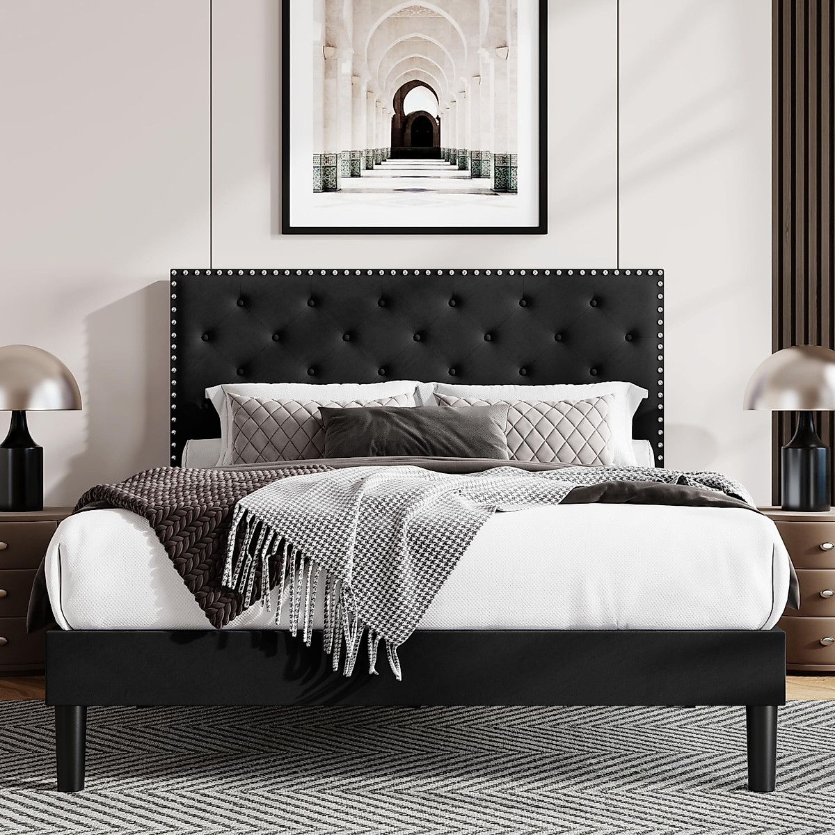 Allewie Full Size Velvet Upholstered Platform Bed Frame with Adjustable Diamond Button Tufted and Nailhead Trim Headboard, Wood Slat Support, Easy Assembly, No Box Spring Needed, Black