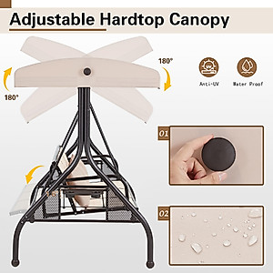 HOMREST Outdoor Porch Swing with Adjustable Canopy, Backrest, 3-Person Patio Canopy Swing Textilene Bed with Side Cup Holder, Pillow for Garden, Deck, Back Yard, Lawn (Khaki)