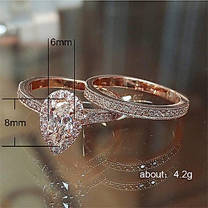 FZO 2 Pcs High Luxury Jewelry 18K Rose Gold Shiny Full Diamond AAA Pear Cut Teardrop Cubic Zirconia Solitaire Rings CZ Diamond Ring Set Eternity Engagement Wedding Band Set Promise Ring for Women (8)