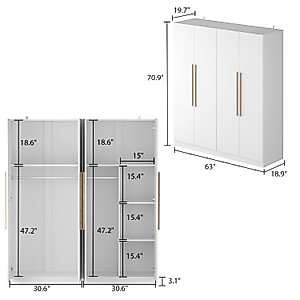 AIEGLE Wardrobe Armoire Closet with 4 Door, 63" Wide Large Freestanding Armoire Wardrobe Cabinet with Shelves & 3 Hanging Rods, Bedroom Wood Clothes Storage Cabinet Organizer, White