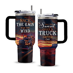 Uibunoo Truck Driver Gifts for Men, Race the Rain Ride the Wind 40 Oz Sunset Truck Tumbler with Handle & Straw, Trucker Gifts, Birthday Presents for Trucker, Stainless Steel Trucker Cup