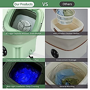 Portable Washing Machine,8L Mini Folding Bucket Washer with Drainage Pipe & 4 Clothes Clips for Socks Underwear Baby Clothes,Suitable for Apartment Camping RV Travel laundry (110V-240V) (Green)