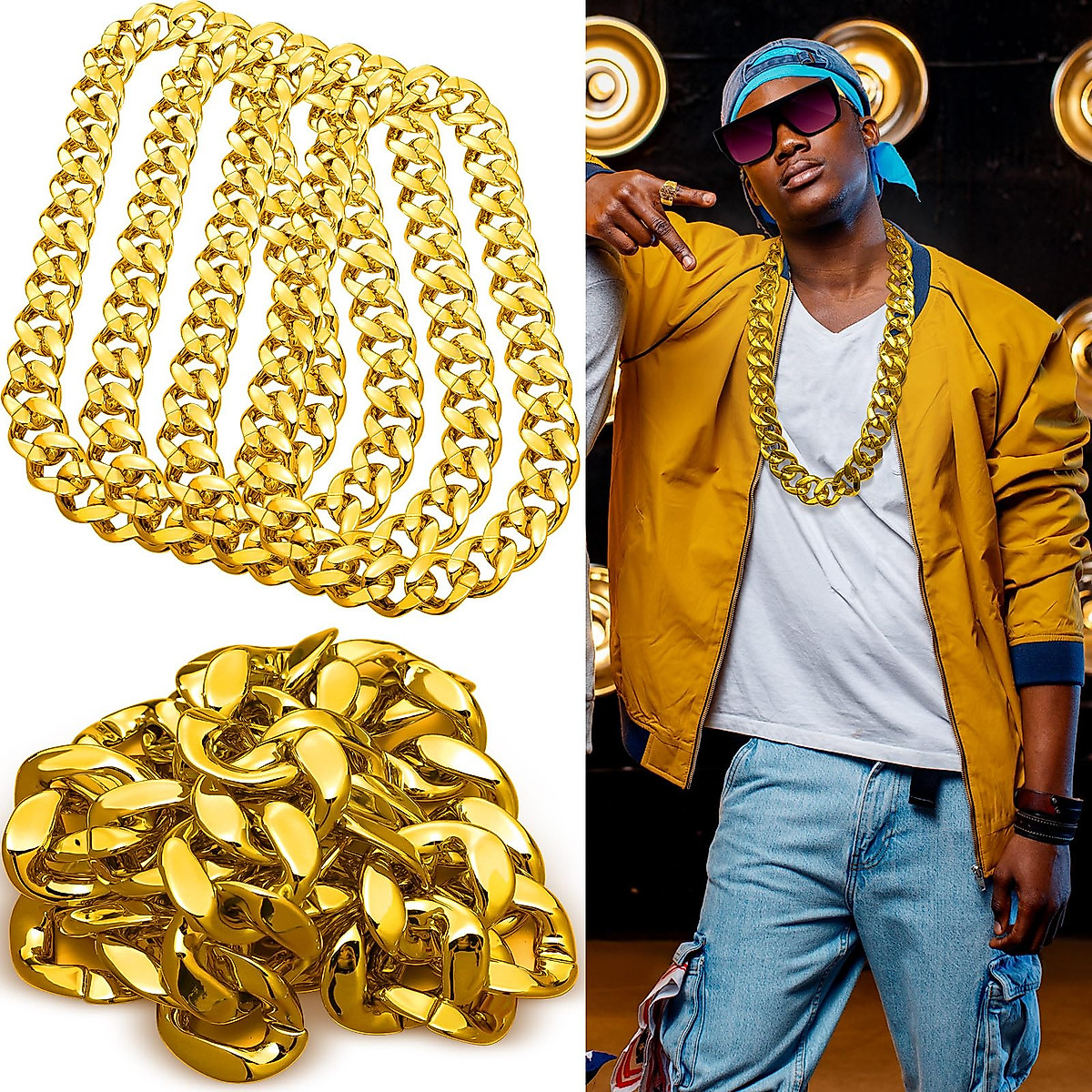 Jexine 12 Pcs Costume Rapper Chain, Hip Hop Chain Bulk Fake Necklace for Men Women 80s 90s Jewelry Punk Style, 32 Inch(Gold)