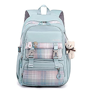 Girls Plaid Aesthetics Backpack Teens Lightweight Casual Bookbag Kawaii Travel Bag with Cute Pins Accessories Schoolbag