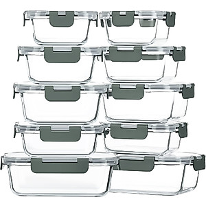 M MCIRCO 20 Pieces Glass Food Storage Container with Lids, Airtight Glass Lunch Bento Boxes, Leak Proof Glass Meal Prep Container,Microwave, Oven, Freezer and Dishwasher Friendly