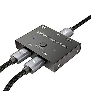 DisplayPort Switch 8K Bidirectional Splitter 2 in 1 Out/1 in 2 Out DP 1.4 Switcher Supports 8K@30Hz, 4K@120Hz, 4K@60Hz for 2 Computers 1 Monitor ConnBull®