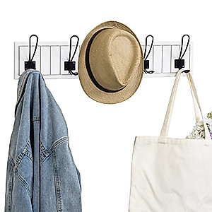 MyGift Farmhouse Wall Mounted White Wood and 5 Black Metal Wire Loop Dual Hooks Coat Rack, Decorative Hangers for Entryway Hats, Bathroom Towels, Closet Clothes