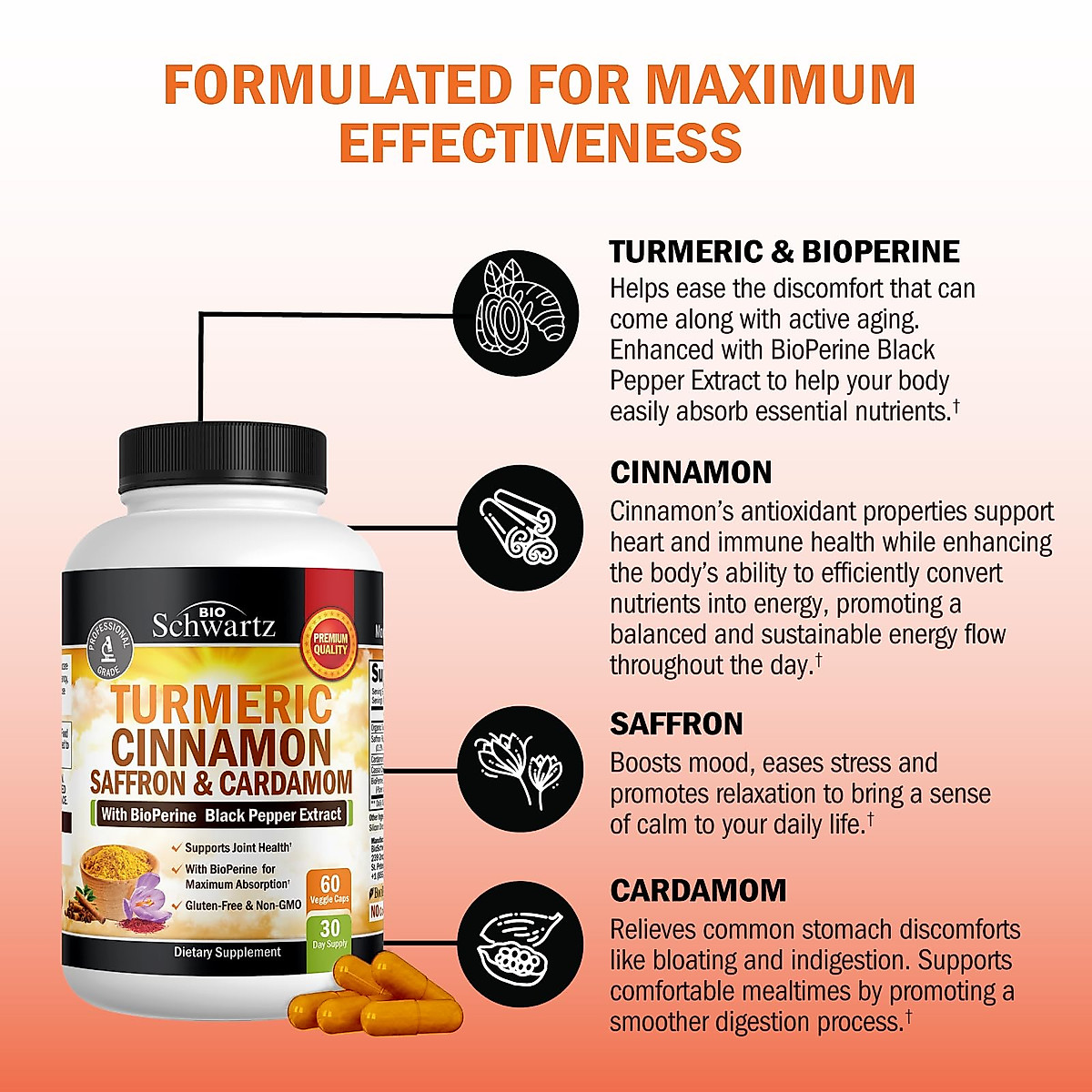 Turmeric Supplement with Saffron, Cinnamon and Cardamom Plus BioPerine Black Pepper Extract for Optimal Absorption, Natural Tumeric Curcumin Joint Support Supplement for Women and Men, 60 Capsules
