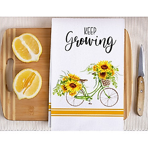 AnyDesign Sunflower Dish Towel 18x28 Inch Spring Summer Tea Towel Orange White Buffalo Plaids Flower Dishcloth Hello Sunshine Gnome Decorative Hand Towel for Bathroom Cooking, 4Pcs, A0196