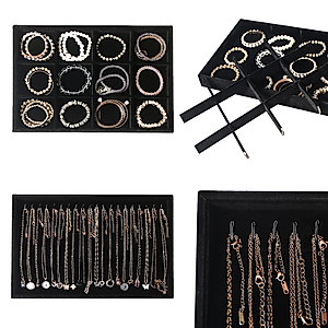Pengup 5 Pcs/set Stackable Jewelry Organizer Trays,Rings Necklaces Earrings Bracelets Display Storage Trays Holder with Glass Lid (Black Velvet)
