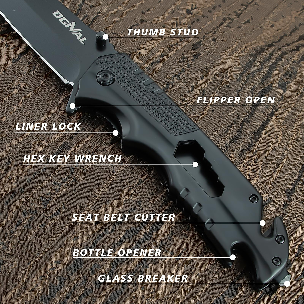 OGIVAL Pocket Knife，4inch Folding Knife with Nylon Sheath and Pocket Clip, Bottle Opener, Glass Breaker, Seatbelt Cutter and Wrench, Black