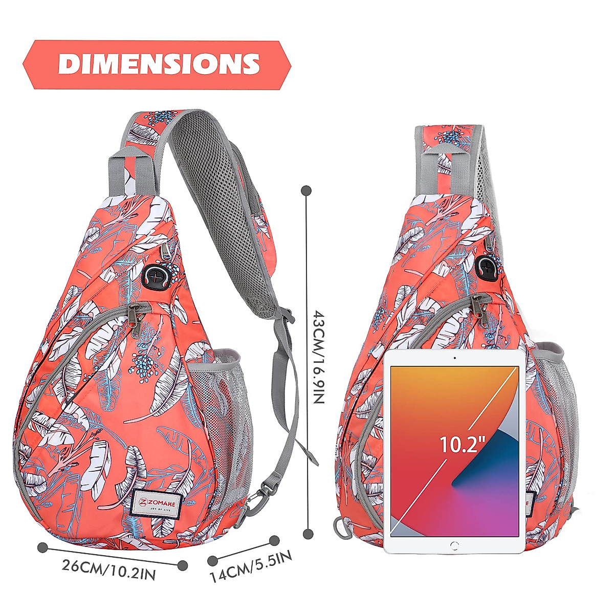 ZOMAKE Sling Bag for Women Men:Small Crossbody Sling Backpack - Mini Water Resistant Shoulder Bag Anti Thief Chest Bag Daypack for Travel Hiking Sports (Orange White Leaf)