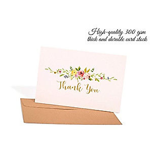 40 Floral & Gold Thank You Cards | Thank You Notes Bulk Box Set with Kraft Envelopes & Stickers | Large 4 x 6" White Greeting Cards Blank Inside | For Wedding, Graduation, Men & Women Sympathy