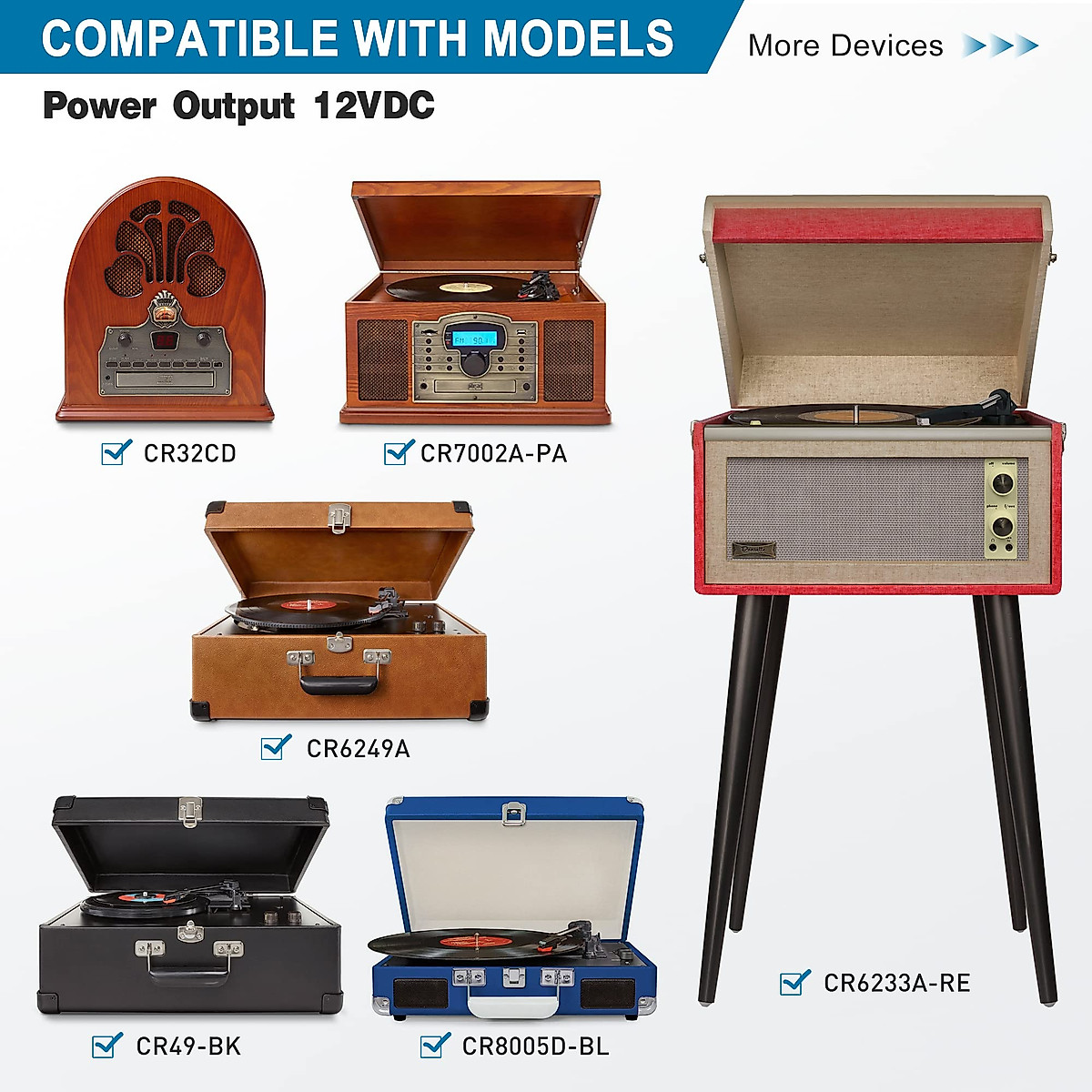 12V Ac Dc Adapter Charger Replacement for Crosley Radio CR49 CR49-BT CR49-TA CR249 CR249-TA CR32CD CR6233A CR6233A-RE CR7002A CR7002A-PA Tech Turntable Record Player I.T.E Switching Power Supply