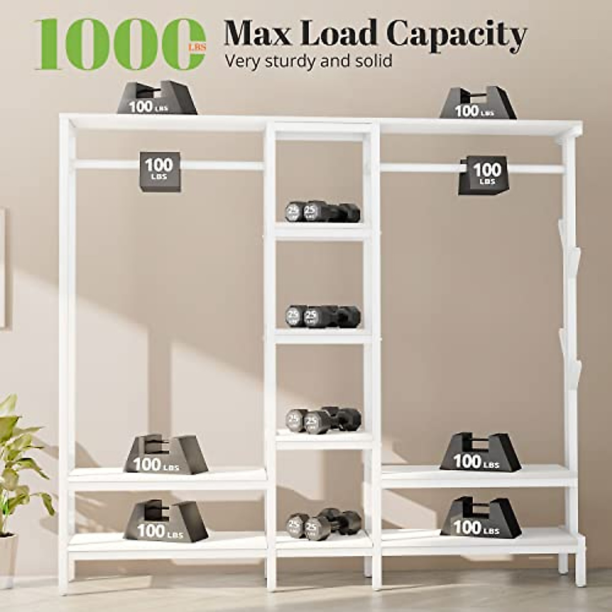 HOKEEPER Heavy Duty Free Standing Closet Organizer with 8 Shelves and Coat Rack Extra Large Wardrobe Closet Clothing Rack for Hanging Clothes Closet Storage Garment Rack for Bedroom 1000lbs White