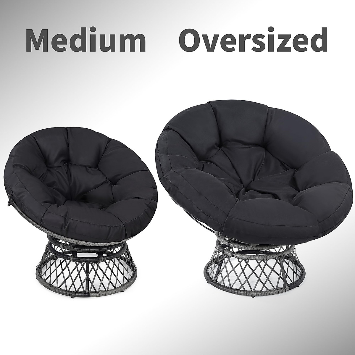 KROFEM 44" Giant Oversized Wicker Papasan Chair with Cushion Teens and Adults, Fluid 360 Swivel, Ideal for Dorm, Bedroom, or Living Room Grey Frame with Black Cushion