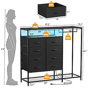 Black Dresser for Bedroom with 8 Drawers, Bedroom Dresser with Hanging Rack, Clothes Dresser with Led Lights, Closet Dresser with Charging Station, 47 Inch Dresser with Shelves for Bedroom, Closet