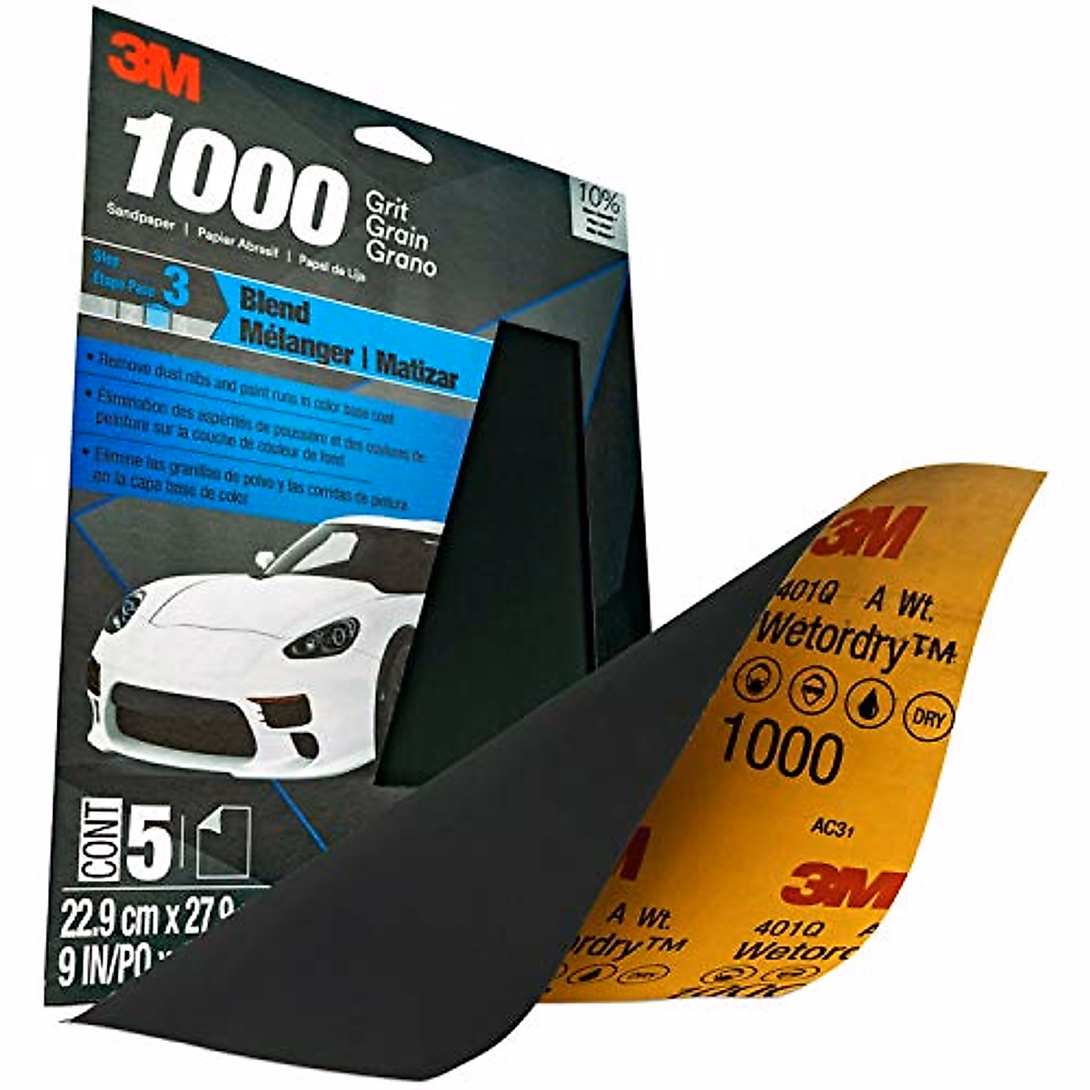 3M Wetordry Sandpaper, 32021, 1000 grit, 9 in x 11 in, 5 Sheets Per Pack