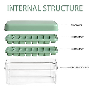Funfmm Ice Cube Tray with Lid and Bin, 60 Mini Ice Cubes for Freezer, 2 Trays for Chilling Drinks and Juices, BPA Free Ice Cube Molds (Green)