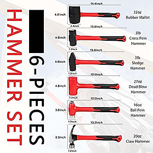 C&T 6-Piece Hammer Set, Fiberglass Handle & Mallet Set, With Shock Reduction Grip, Metal Working | Garage Home Kit | Mechanic Tools | Sledge Hammer | blacksmith Hammer | Ball Peen Hammers | Hand Tools