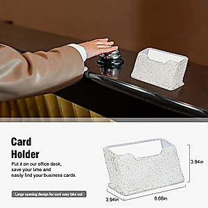 KEYPOWER Bling Crystal Luxury Handmade Diamond Pencil Pen Pot Holder & Stapler & Card Holder & Desktop Tape Dispenser Office Stationery Kit for Fashion Girls Women (White Round)