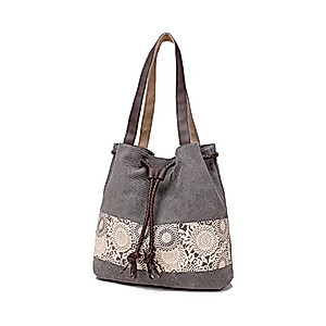 Women Printing Canvas Shoulder Bag Casual Hand Bags Purse Retro Tote Bags (Gray)