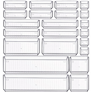 Criusia 22 Pcs Drawer Organizer Bins, Acrylic Non Slip Kitchen Drawer Organizers Storage Tray Divider, Multifunctional Storage for Cosmetics, Bathroom, Tools, Kitchen and Office
