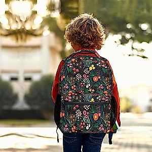 Black Flowers Backpack for Girls - Colorful Floral School Backpacks Wildflowers Plants Bookbag Spring Botanical Foliage Rucksack Seasonal Herb Leaves Daypack Travel Bag