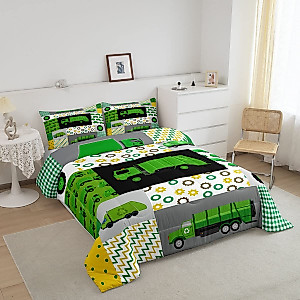 Green Garbage Truck Comforter Powered Waste Management Recycling Trucks Bedding Set Cartoon Garbage Truck Bedding Set for Kids Boys Girls Car Duvet Set Room Decor Quilt Set Full Size