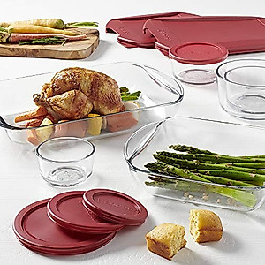 Anchor Hocking SnugFit Glass Food Storage and Embrace Baking Dish, 12 Piece Set, Cherry